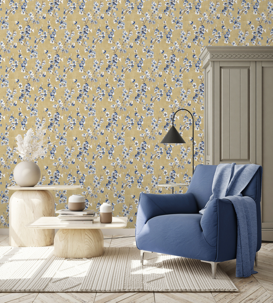 M52702 Papier Peint Vinyle sur Intissé Fleurs de Pommier Fond Jaune DECORAMA | DOD