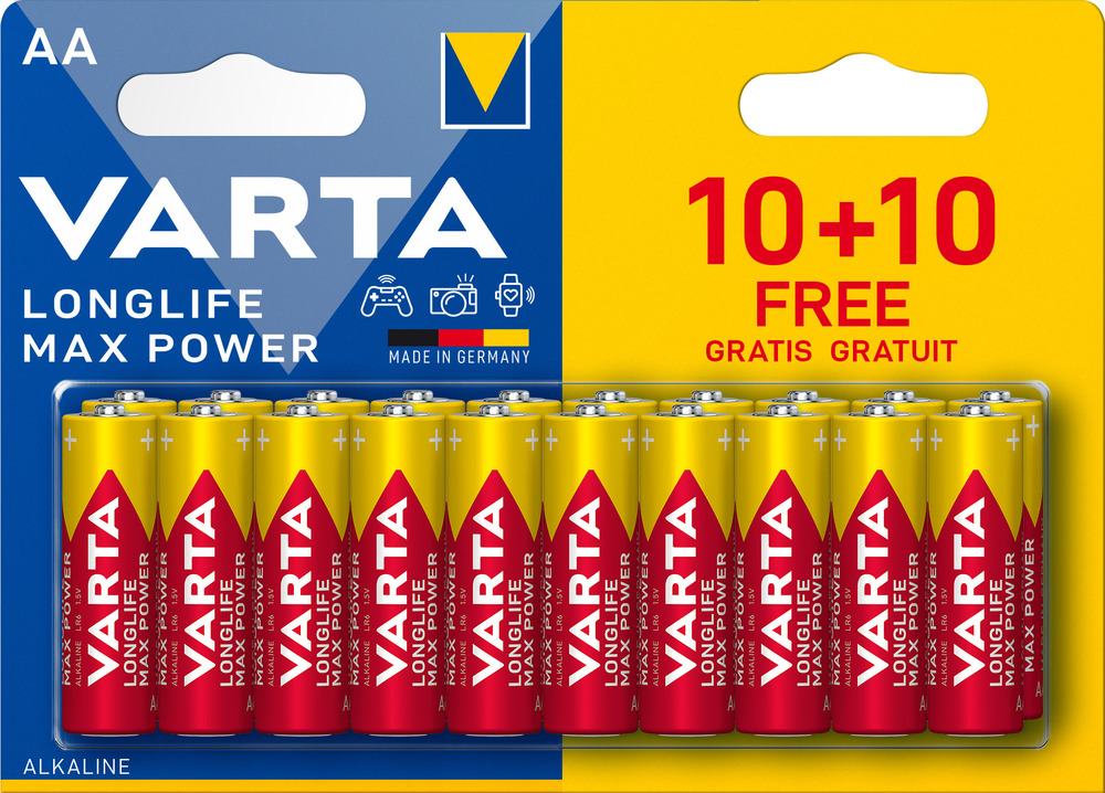 Piles Longlife Max Power 1.5V LR03 AA/LR06, Blister de 10 Piles + 10 ...